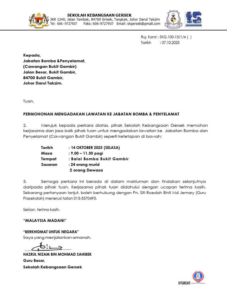 Surat Lawatan Bomba SKG | PDF