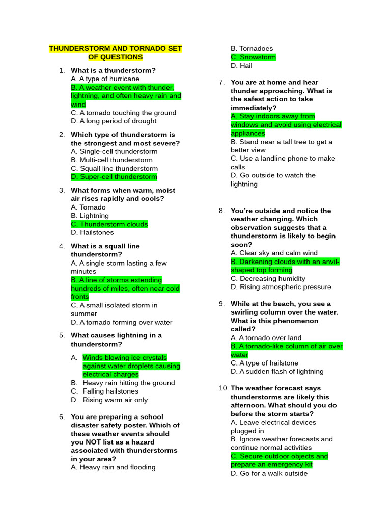 Thunderstorm and Tornado Set of Questions | PDF | Thunderstorm | Tornadoes