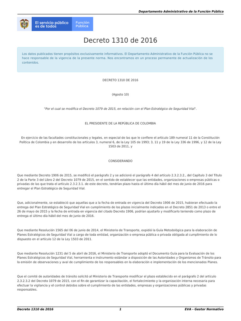 Decreto 1310 de 2016 | PDF | Gobierno