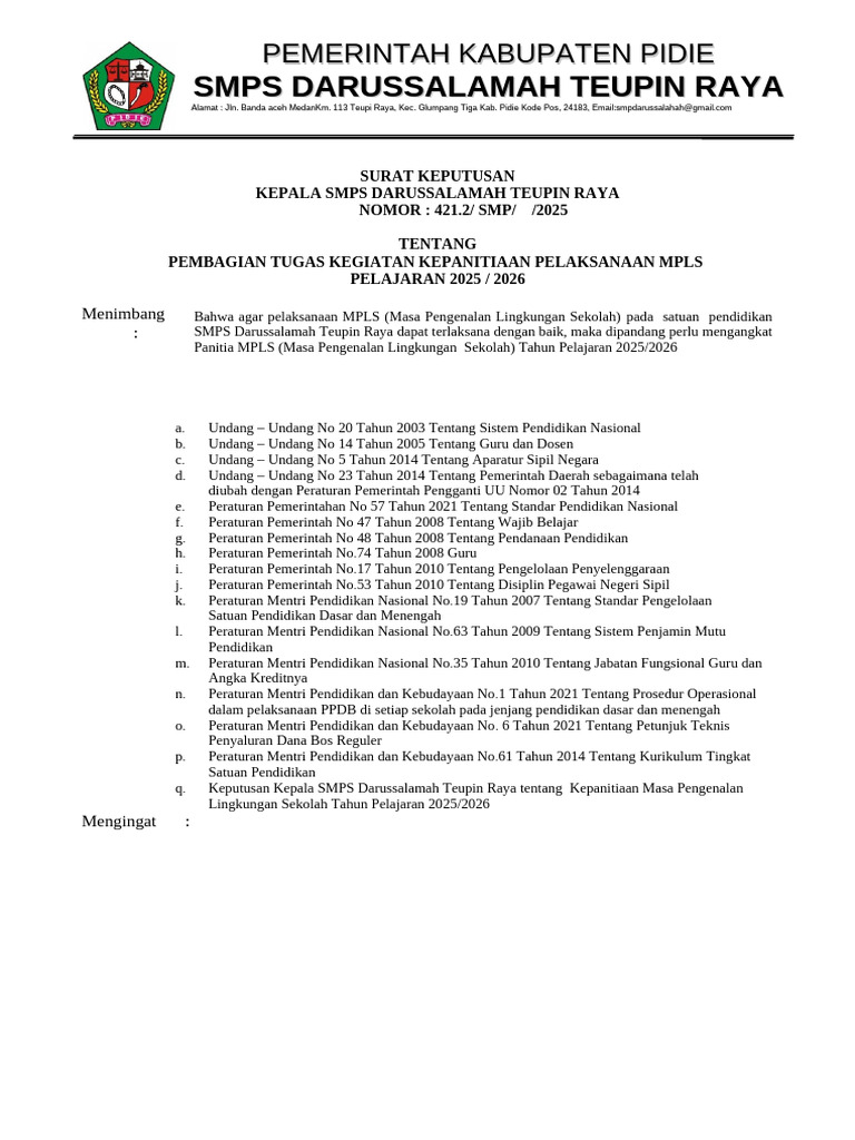 Pembagian Tugas MPLS SMPS Darussalamah | PDF