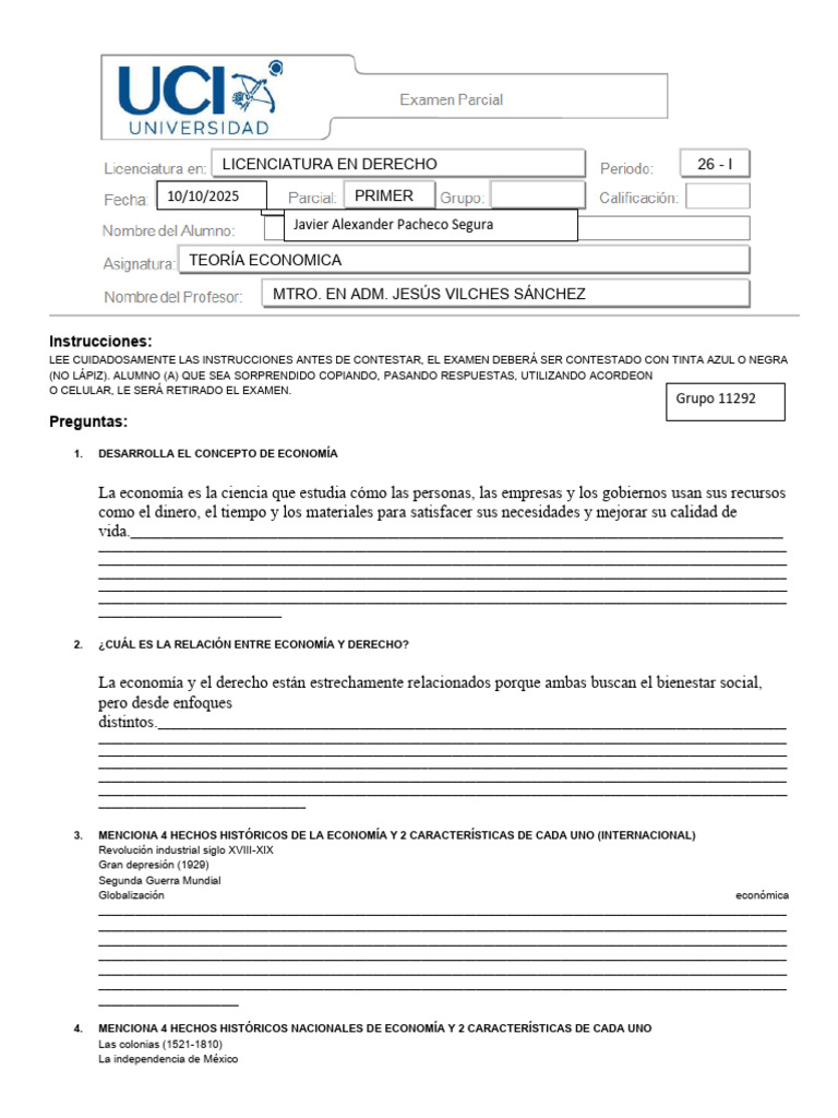 Examen Teoría economía Pacheco Segura 11292 Derecho | PDF | Ciencias económicas | Microeconomía