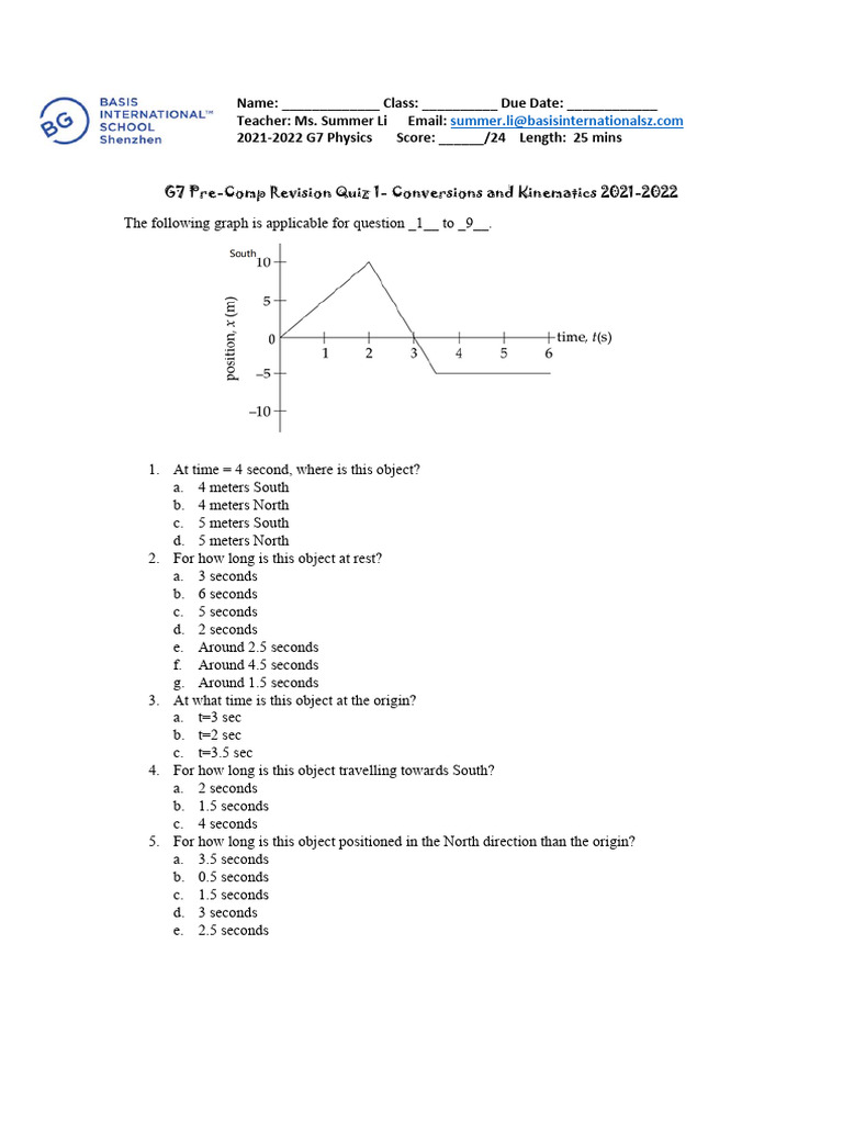 G7 Physics Quiz: Kinematics & Conversions | PDF | Velocity | Force