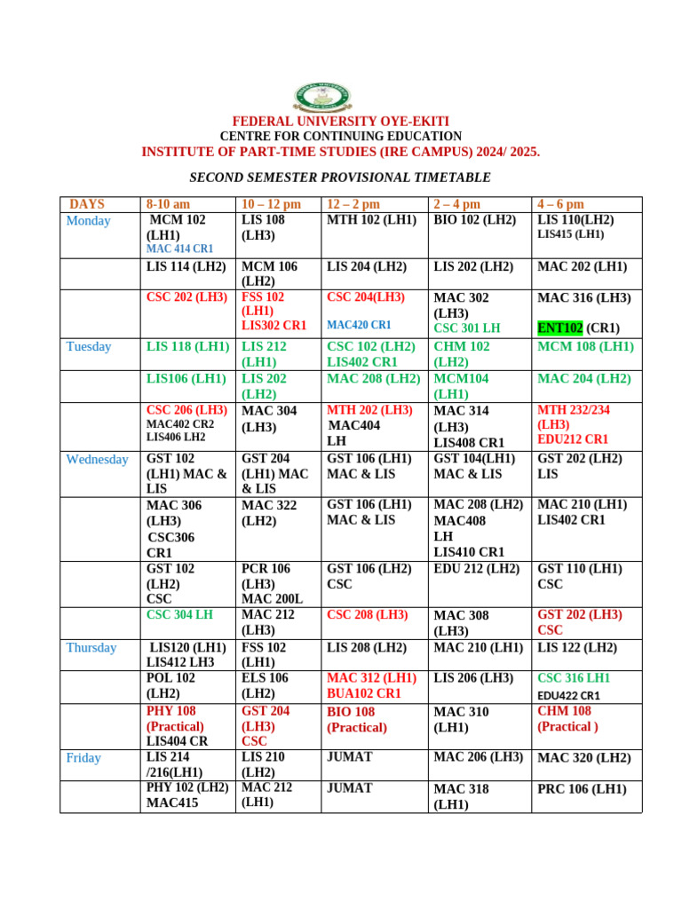 2024/2025 Second Semester Timetable | PDF