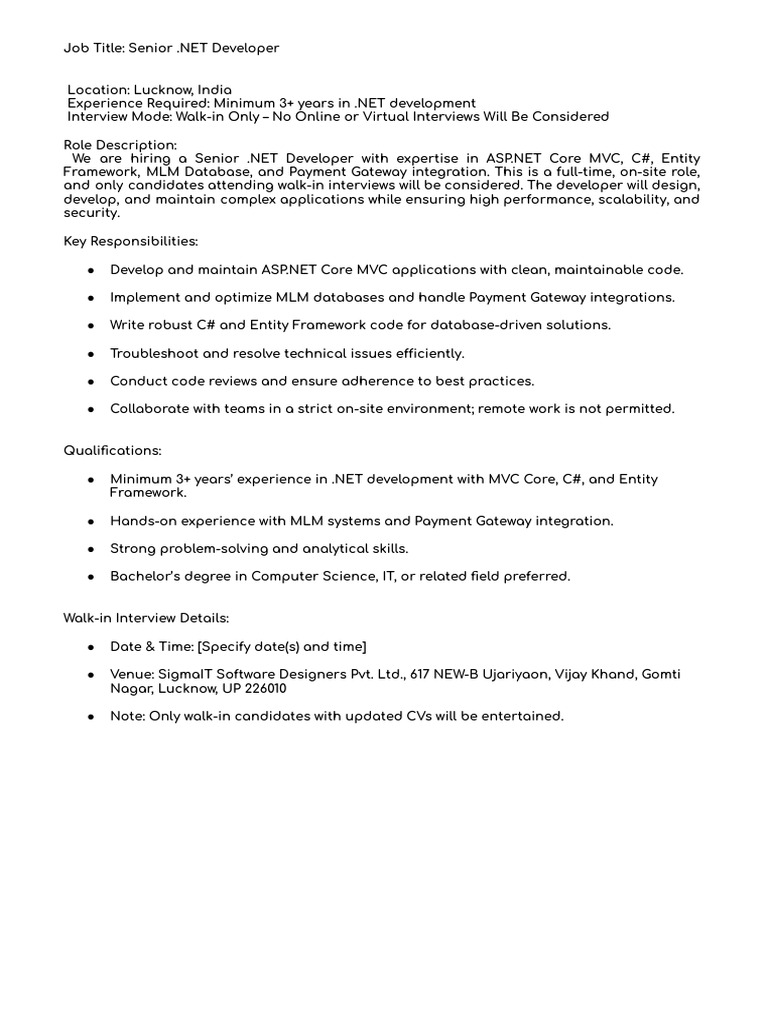 Senior .NET Developer Walk-in Lucknow | PDF