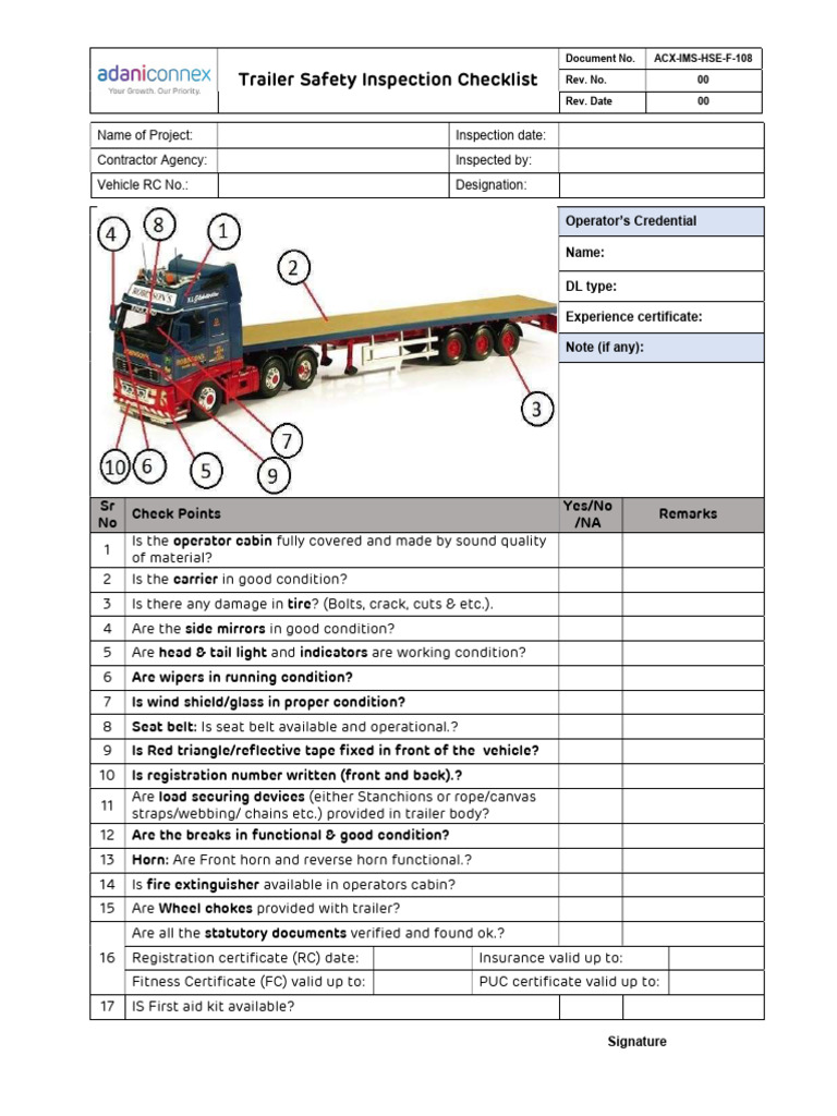 ACX IMS HSE F 108 Trailer Safety Checklist | PDF | Vehicles | Motor Vehicle