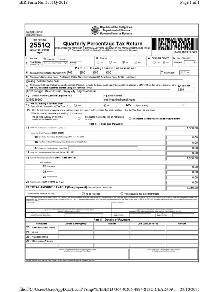 BIR Form 2551Q: Quarterly Tax Return | PDF | Taxes | Tax Credit