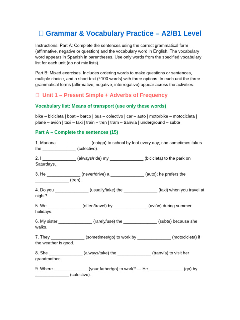 Grammar Vocabulary Practice A2B1 Complete MariaMelo | PDF | Question ...