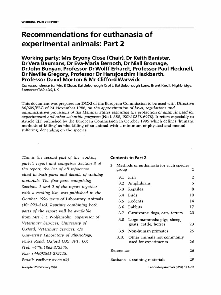 Close Et Al 1997 Recommendations For Euthanasia of Experimental Animals ...