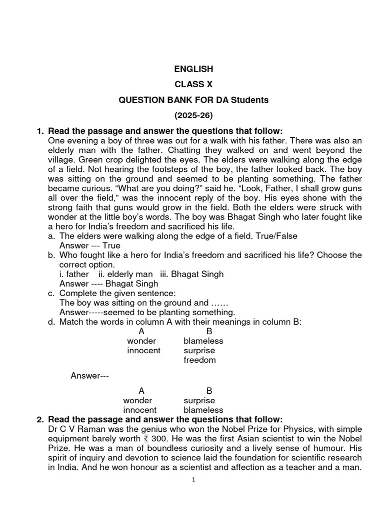 English Class X Question Bank 2025-26 | PDF | Adverb | Adjective