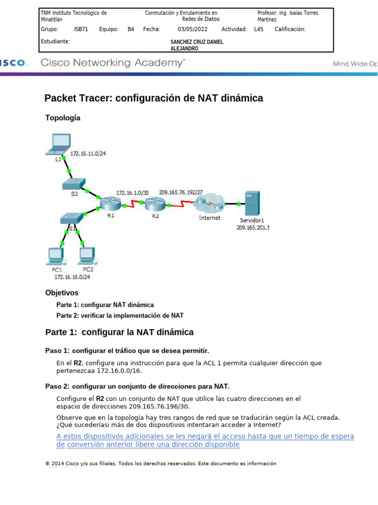 Configuración de NAT Dinámica en Packet Tracer | PDF