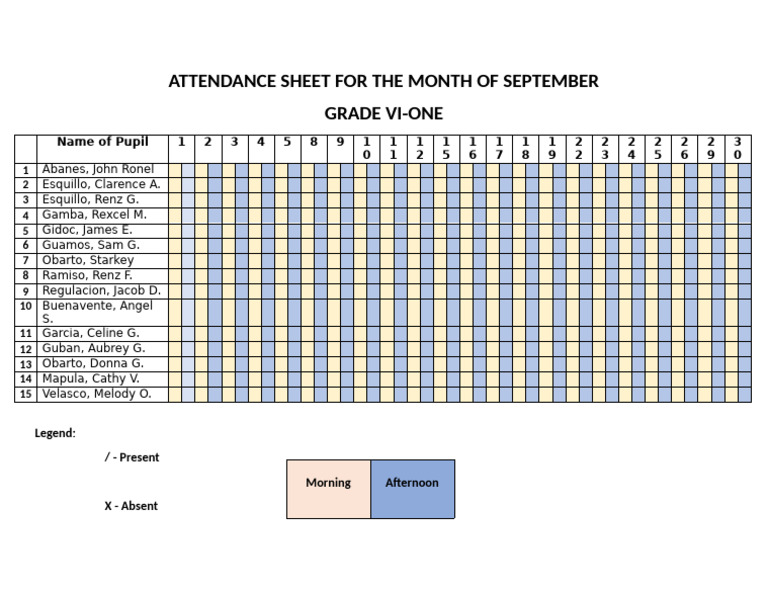 Attendance Sheet For The Month of August | PDF
