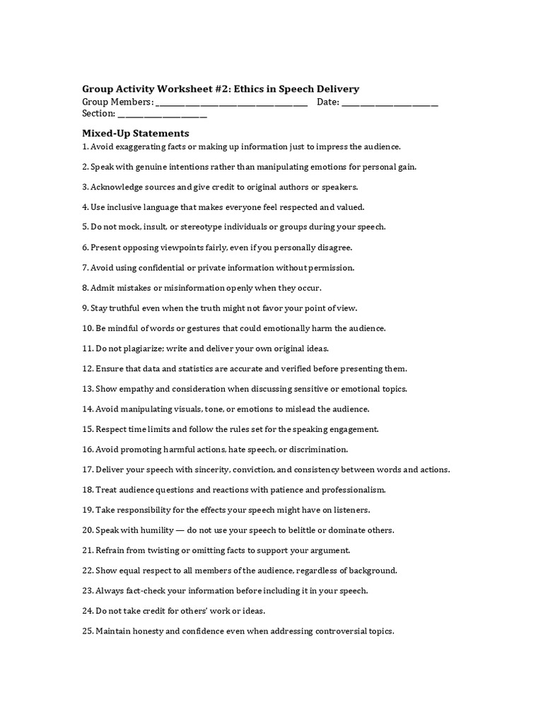 Ethics in Speech Delivery Worksheet | PDF | Human Communication