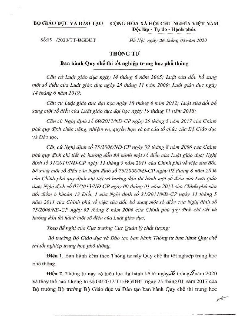 Thong Tu 15 2020 TT BGDDT Quy Che Thi Tot Nghiep Trung Hoc Pho Thong | PDF