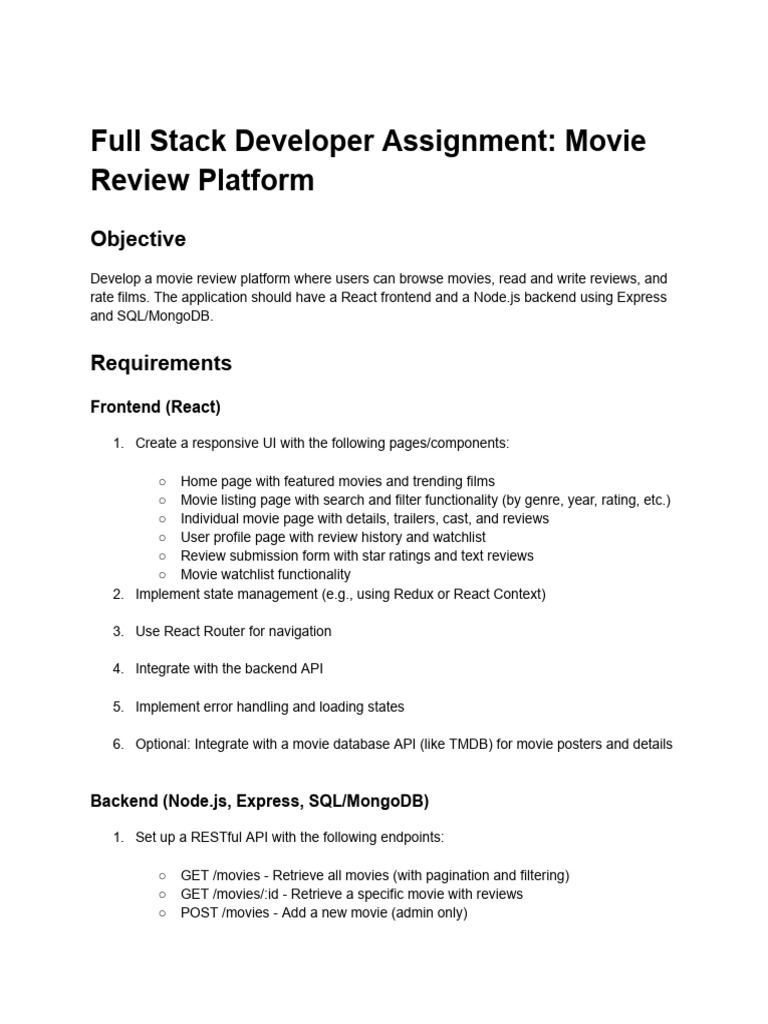 Full Stack Developer Assignment - Movie Review Platform | PDF ...