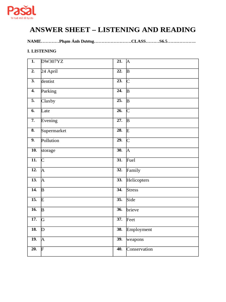 Listening and Reading Answer Sheet | PDF