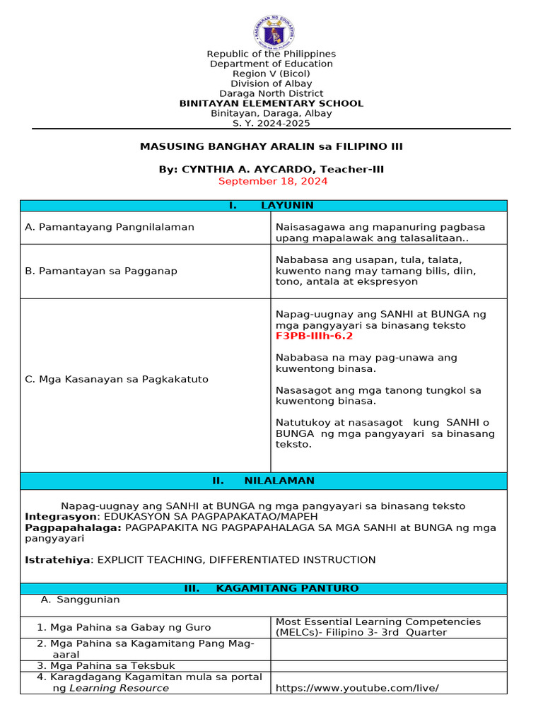 Co Lesson Plan in Filipino 2025 2026 | PDF