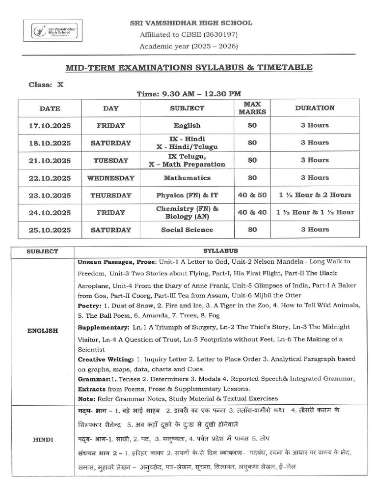 Class-10 Mid Term Timetable & Syllabus 2025-26 | PDF