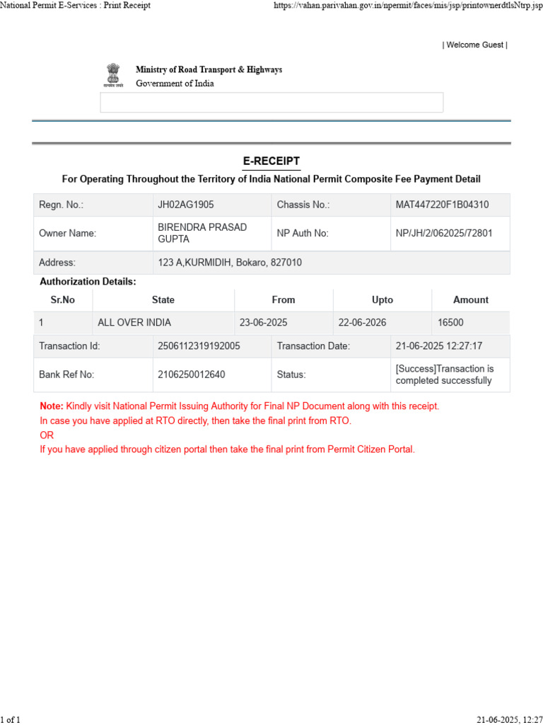 National Permit E-Services - Print Receipt | PDF