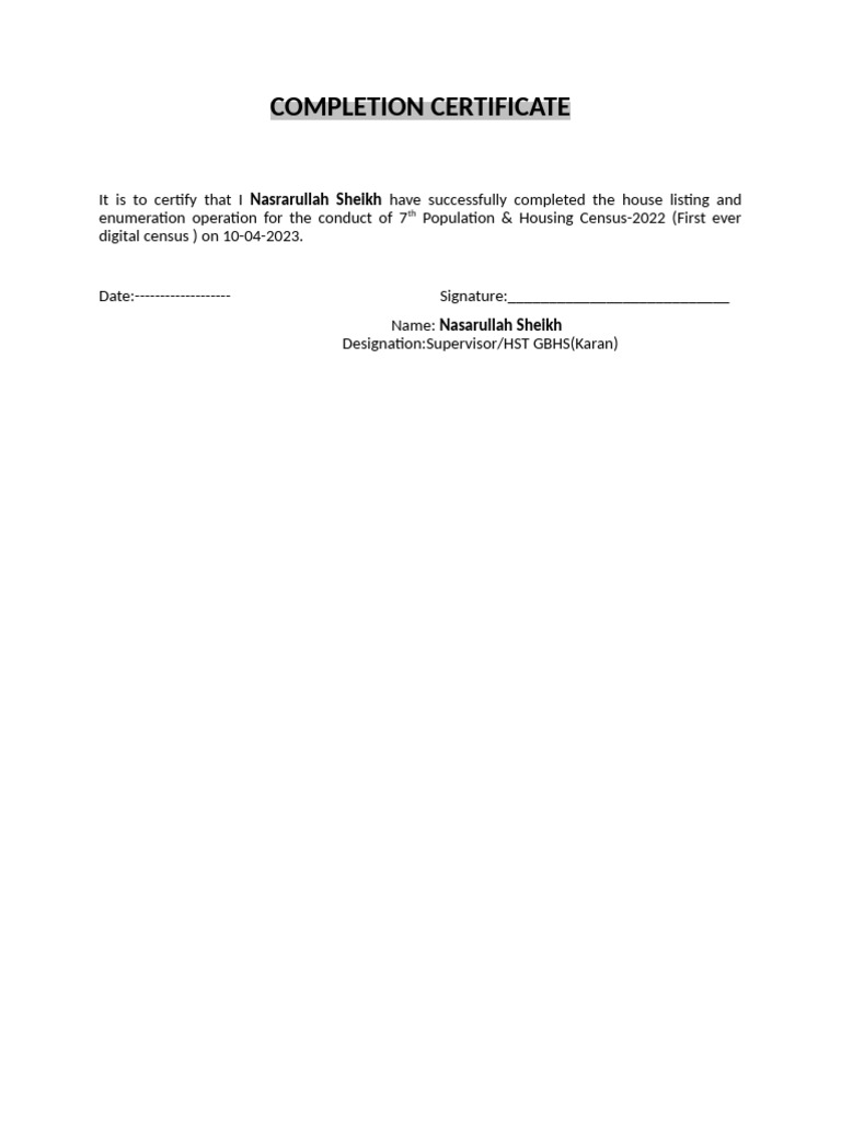 Completion Certificate for Census 2022 | PDF