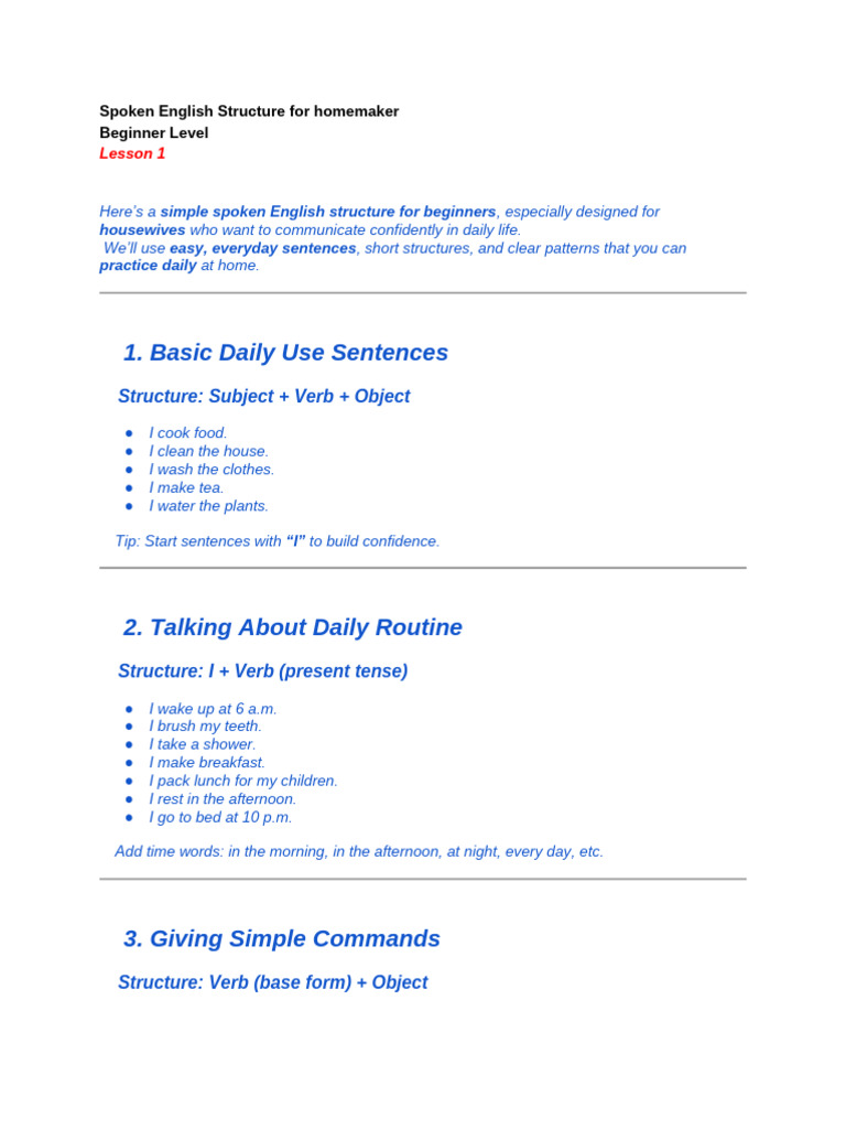 Spoken English Structure for Homemaker | PDF | Verb | Subject (Grammar)