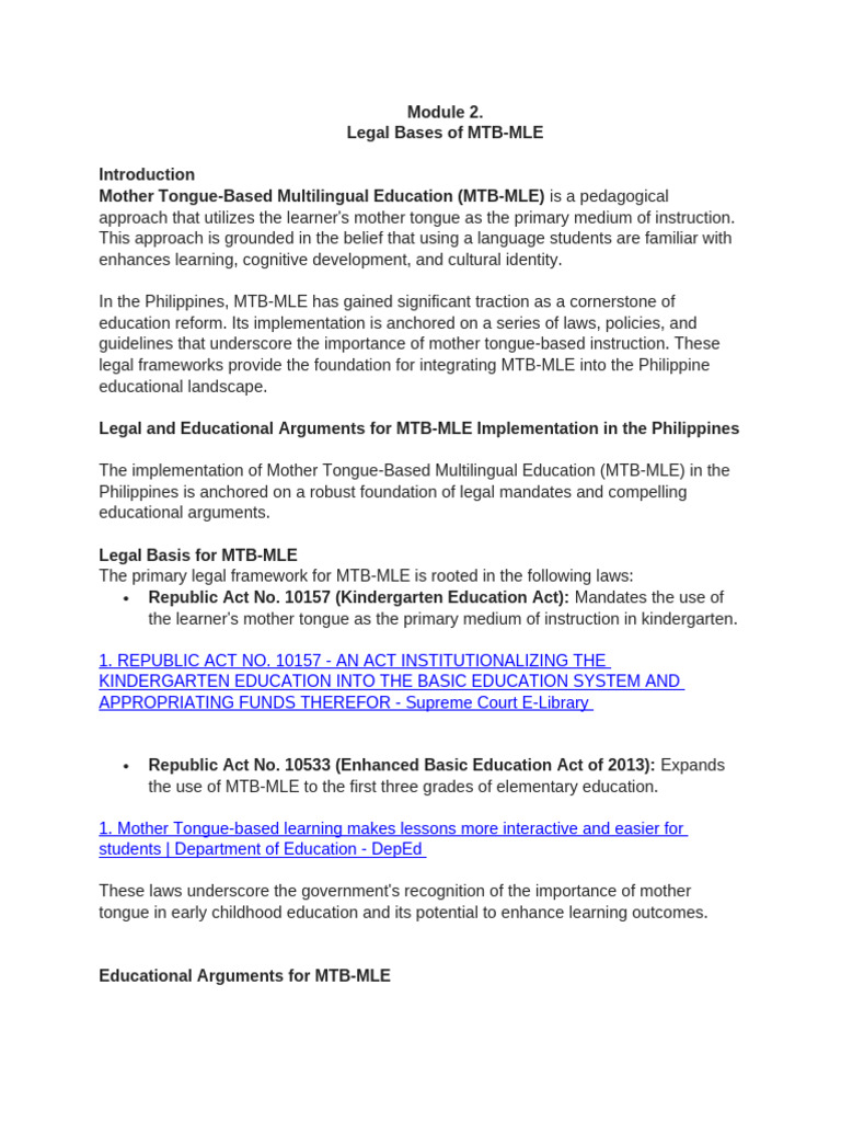 Legal Frameworks for MTB-MLE in Education | PDF | Multilingualism ...