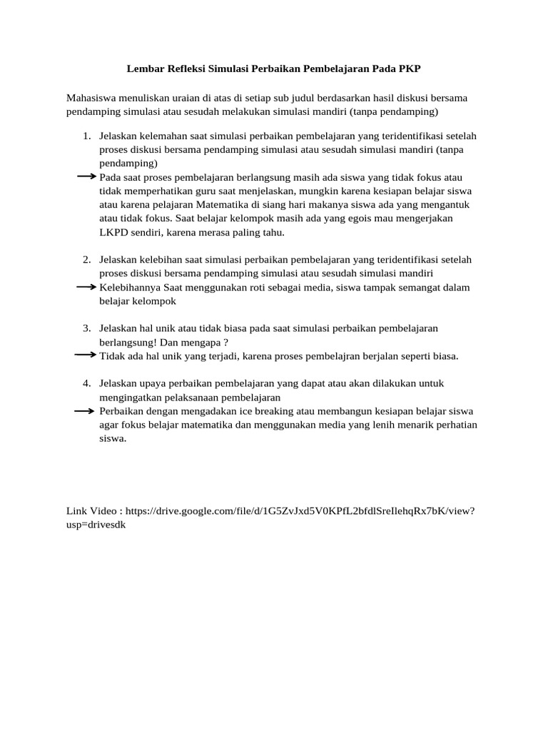 Lembar Refleksi Simulasi Perbaikan Pembelajaran Pada PKP | PDF