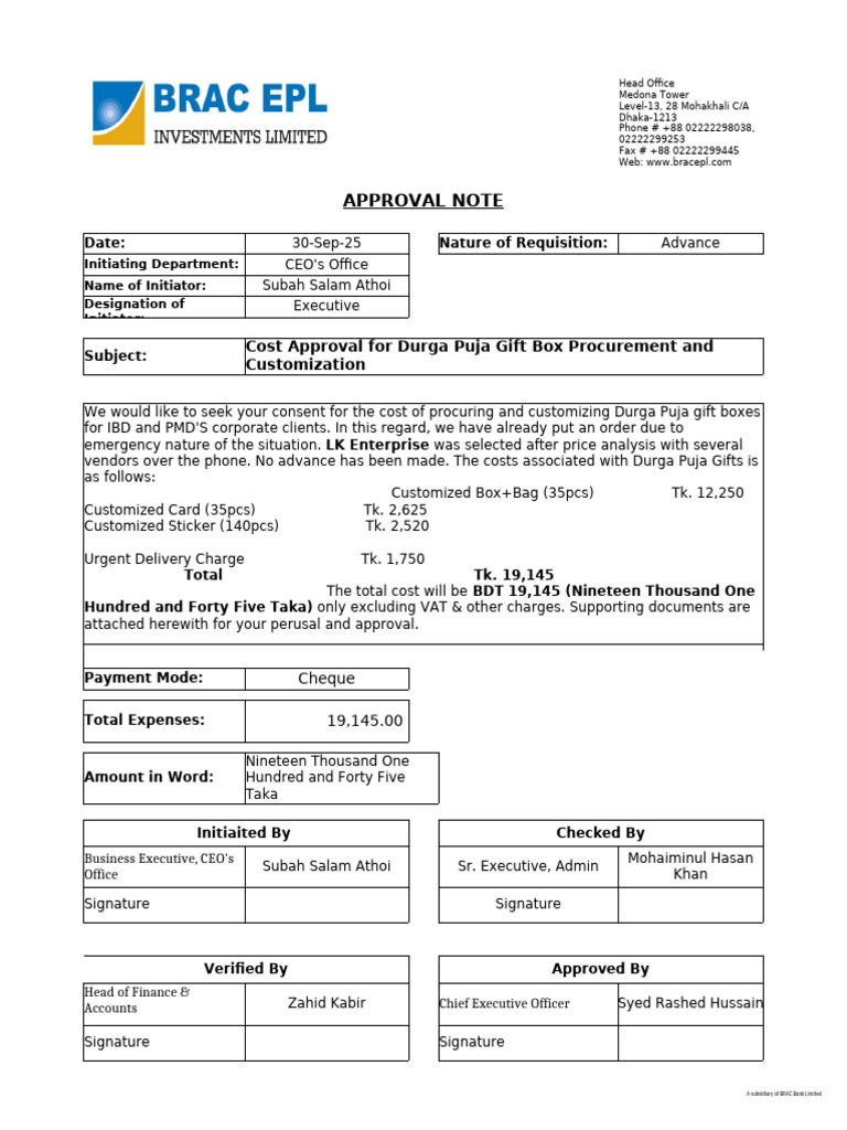 Cost Approval for Durga Puja Gifts | PDF