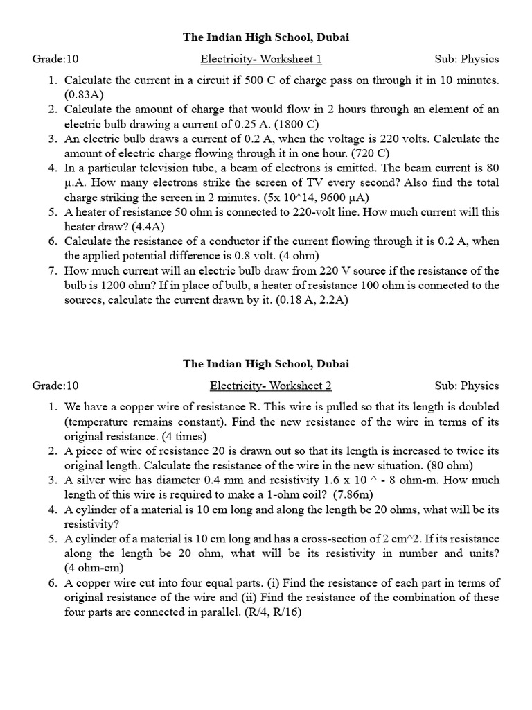 Grade 10 Physics Electricity Worksheets | PDF | Electric Current | Voltage
