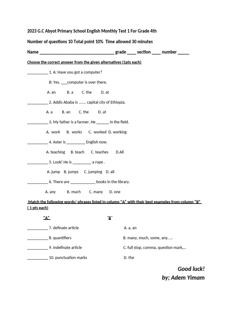 Grade 4 English Monthly Test 1 | PDF