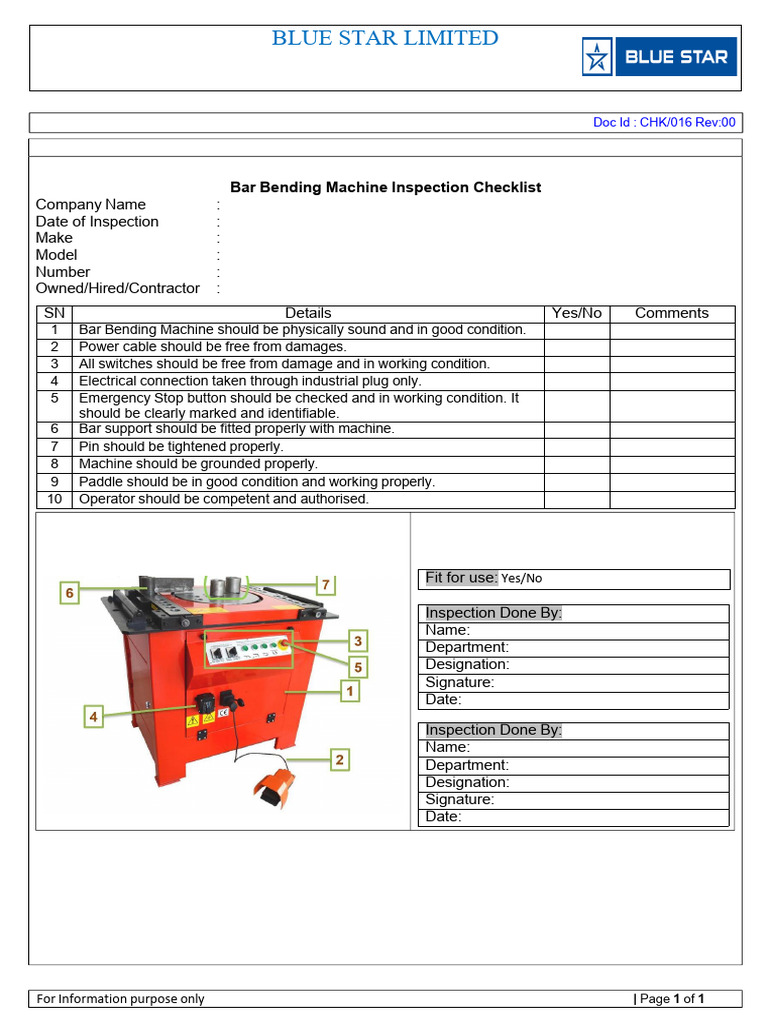 Bar Bending Machine Safety Inspection Checklist | PDF
