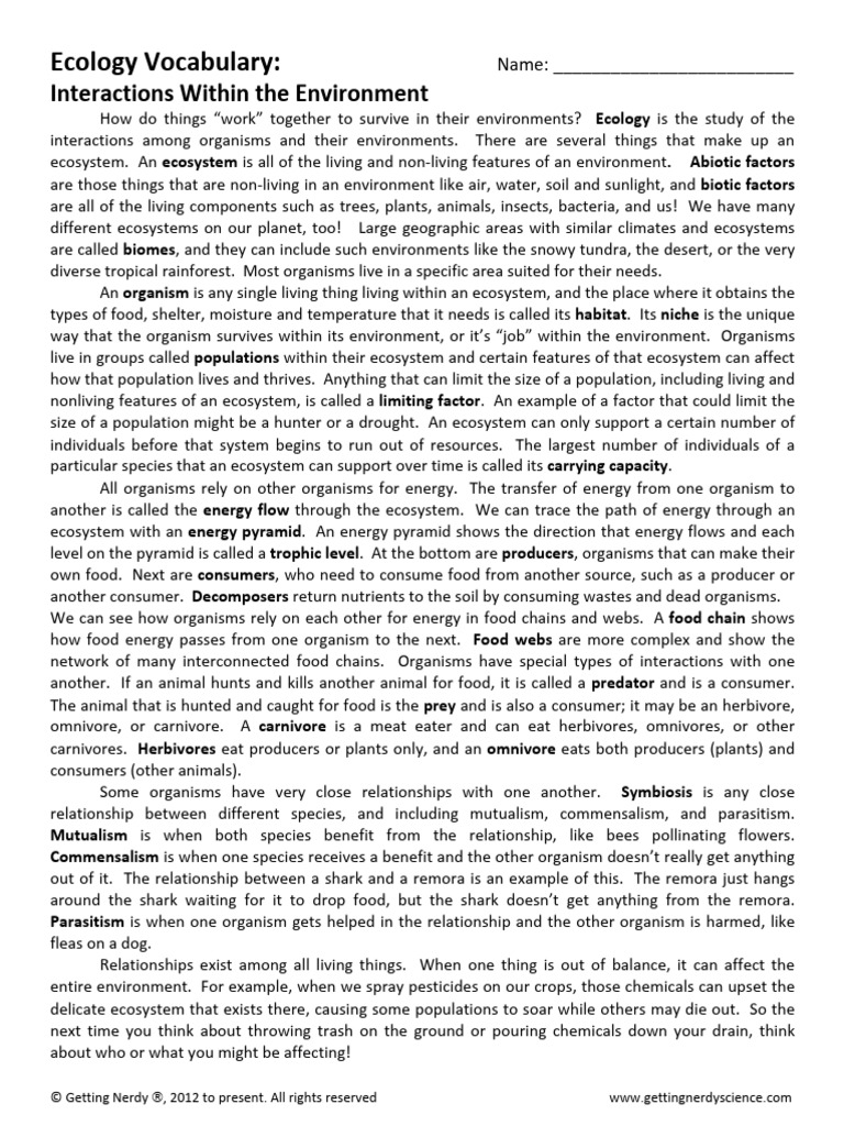 Ecology Interactions and Vocabulary Guide | PDF | Ecosystem | Food Web