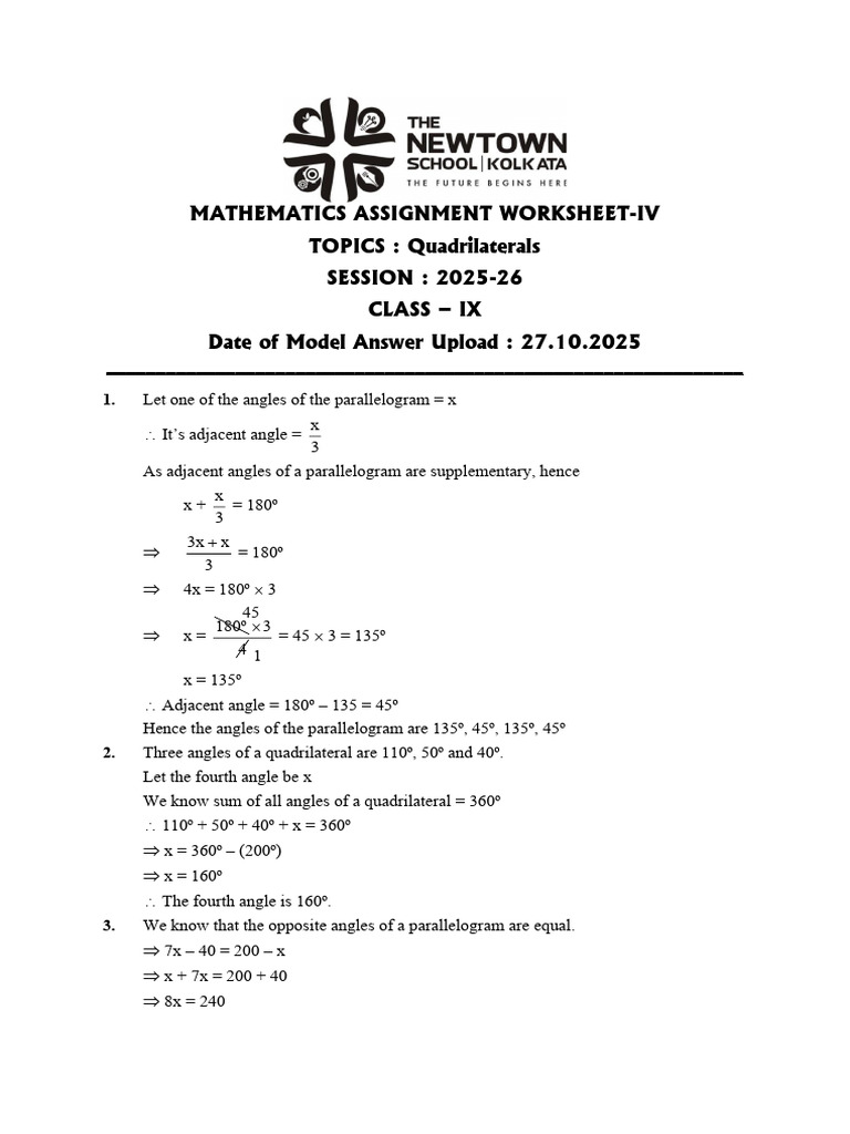 Math Assignment Worksheet IV IX 25 26 Answers F - 1 | PDF | Geometric ...
