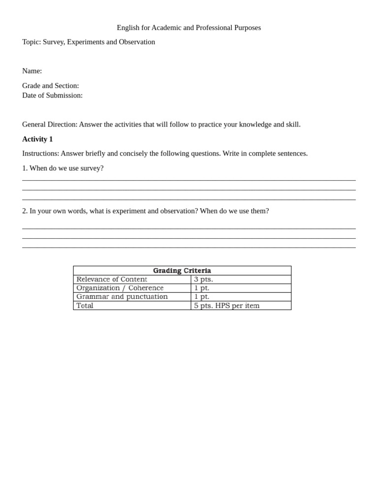 Activity 1 Survey, Experiment and Observation | PDF