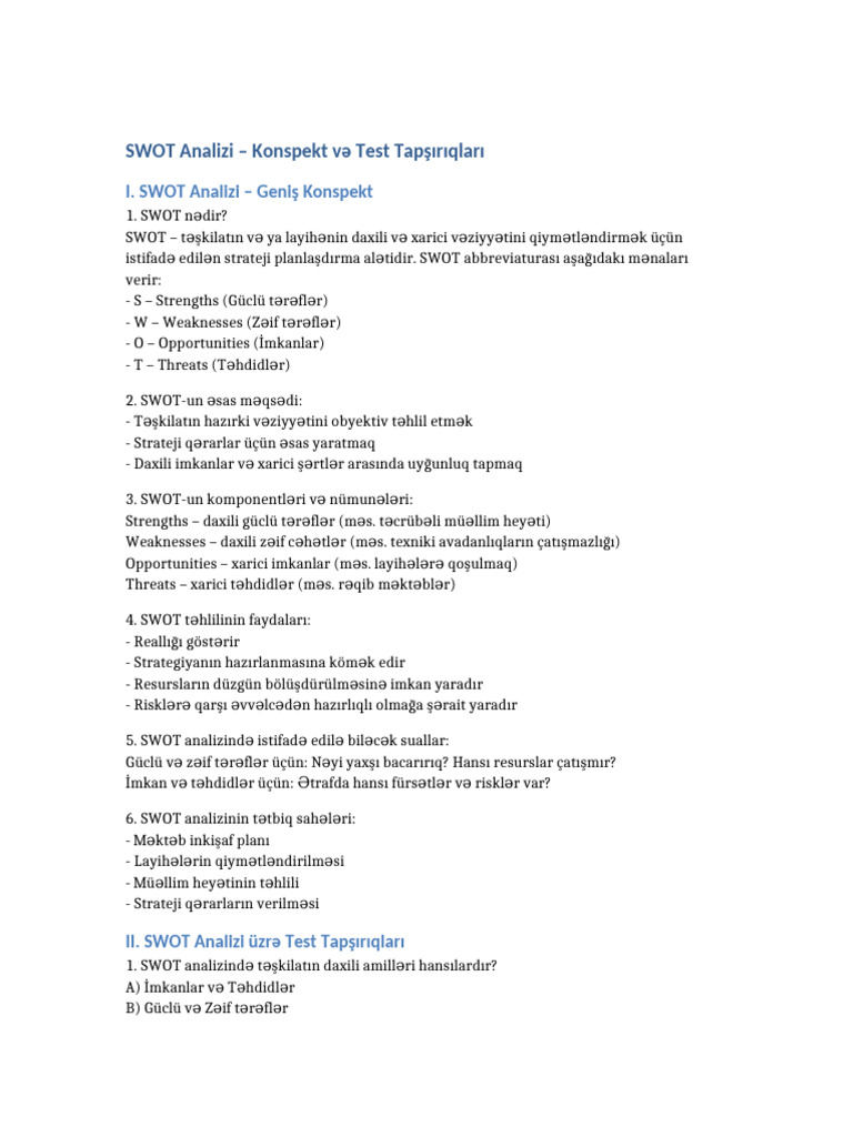 SWOT Analizi Konspekt Test | PDF