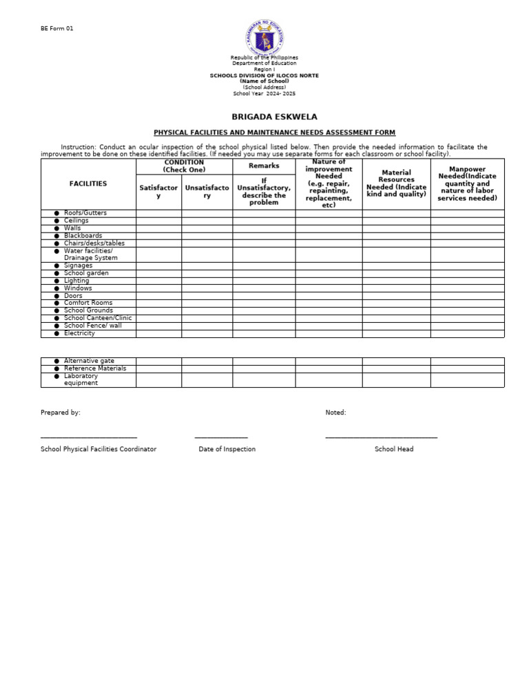 Brigada Eskwela Facilities Assessment Form | PDF