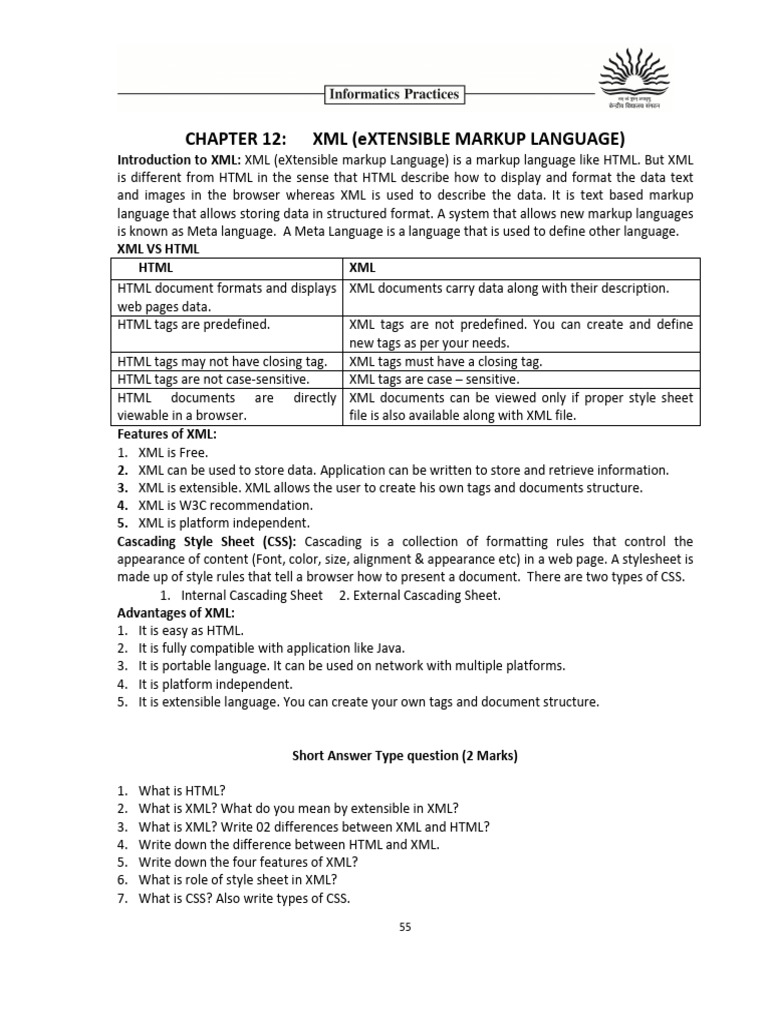 CBSE Class 12 Informatics Practices Computer XML Extensible Markup Language | PDF | Html | Xml