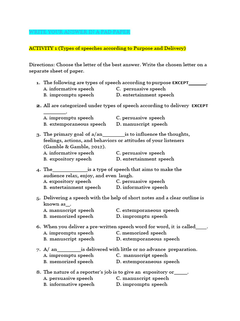 ACTIVITIES Types of Speeches Speech Writing | PDF | Public Speaking ...