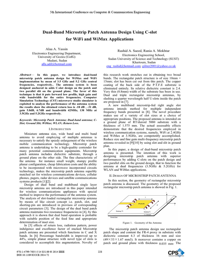 Dual-Band Microstrip Patch Antenna Design Using C-Slot For WiFi and WiMax Applications | PDF ...