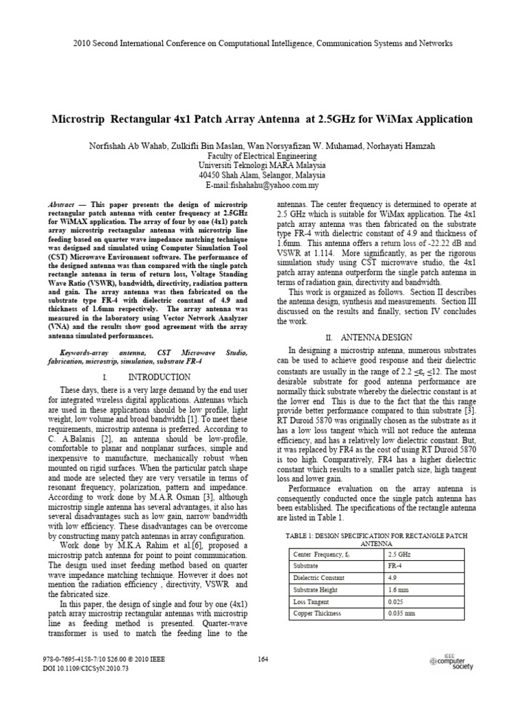 4x1 Microstrip Patch Antenna Design | PDF | Antenna (Radio) | Radio ...