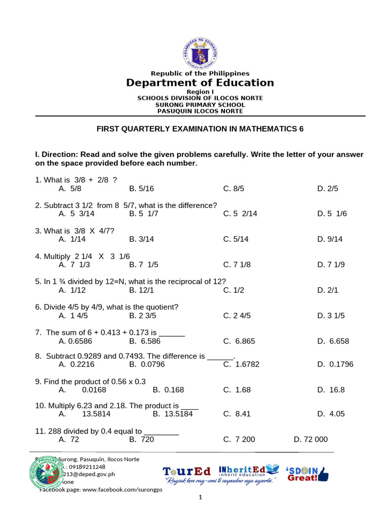 Math 6 First Quarterly Exam Guide | PDF | Arithmetic