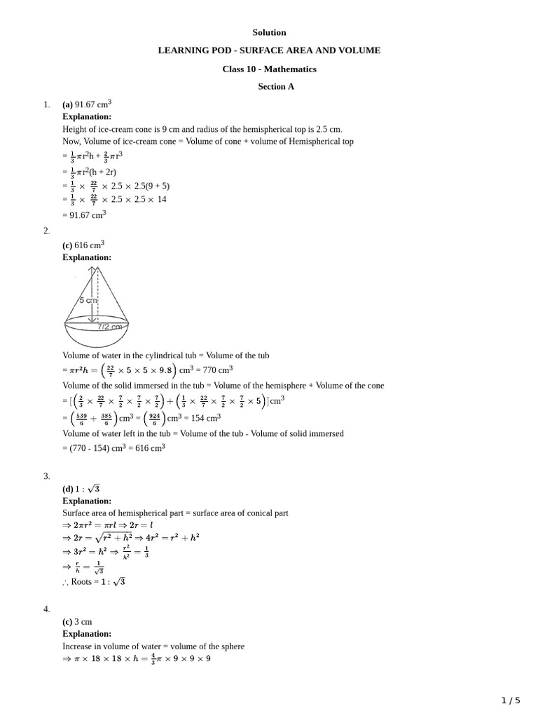 Class X-mathematics-surface Area and Volume-Answer Key-1 | PDF | Sphere | Volume