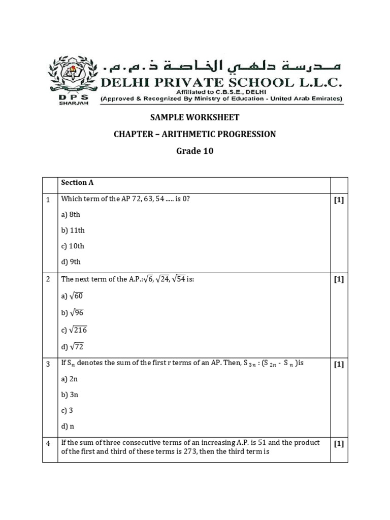 Class X Mathematics Arithmetic Progressions Worksheet 1 Pdf Mathematics