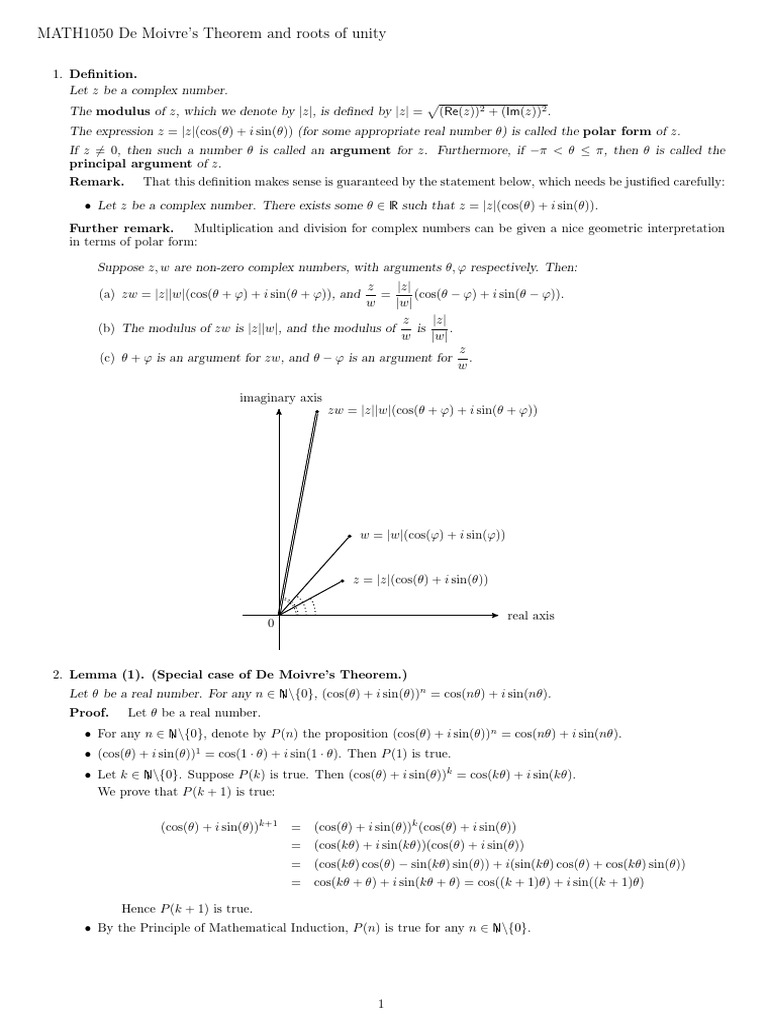 MATH1050 de Moivre's Theorem and Roots of Unity: Re Im | PDF | Complex ...
