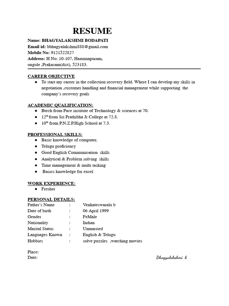 Resume of Bhagyalakshmi Bodapati | PDF