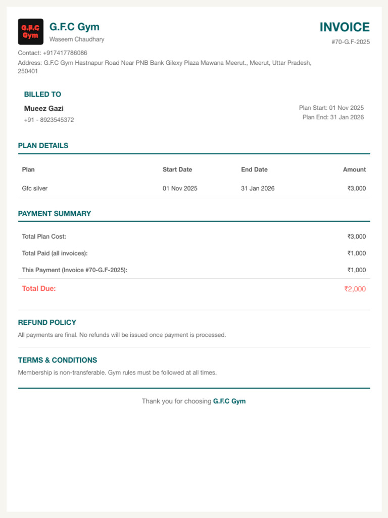 G.F.C Gym Invoice #70-G.F-2025 | PDF