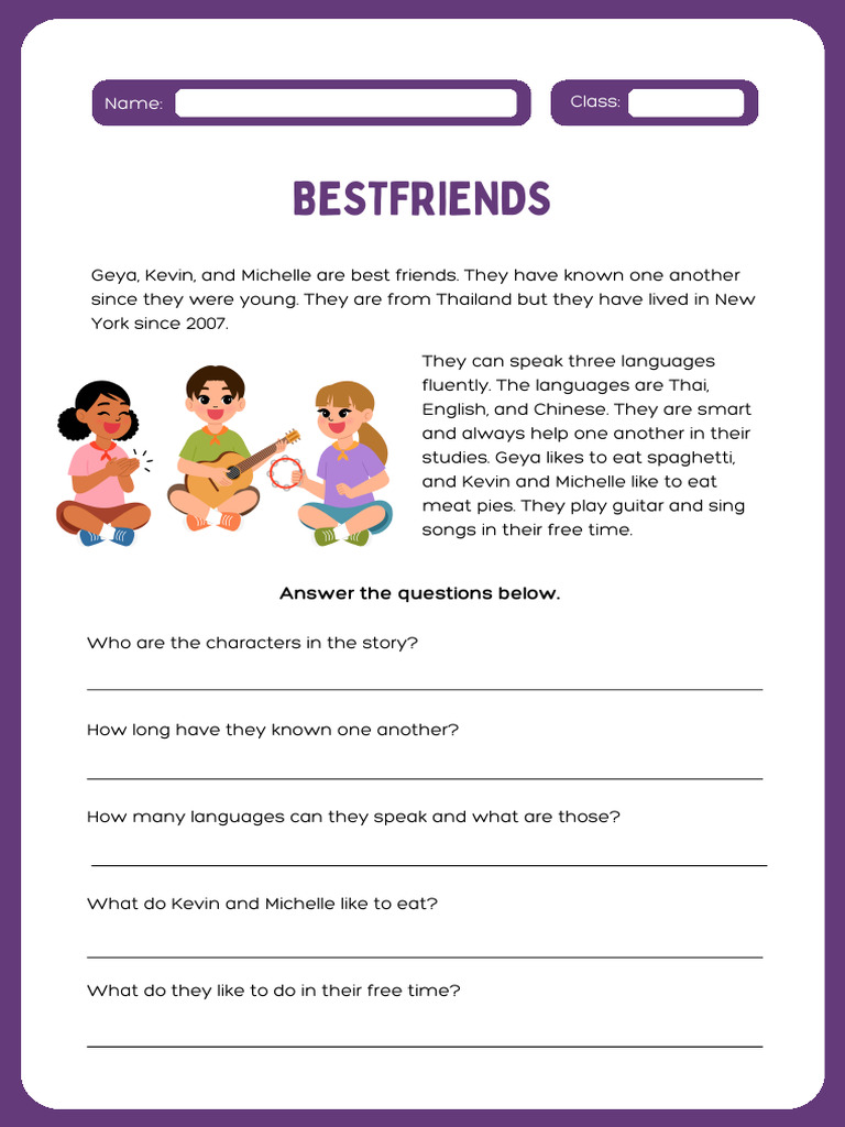 Best Friends Reading Comprehension Worksheet in Purple Printable Style ...