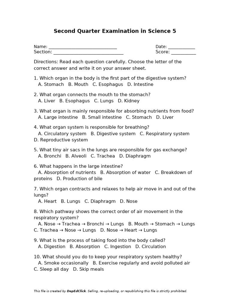 Quarter 2 Examination Science 5 DepEdClick | PDF | Lung | Respiratory ...