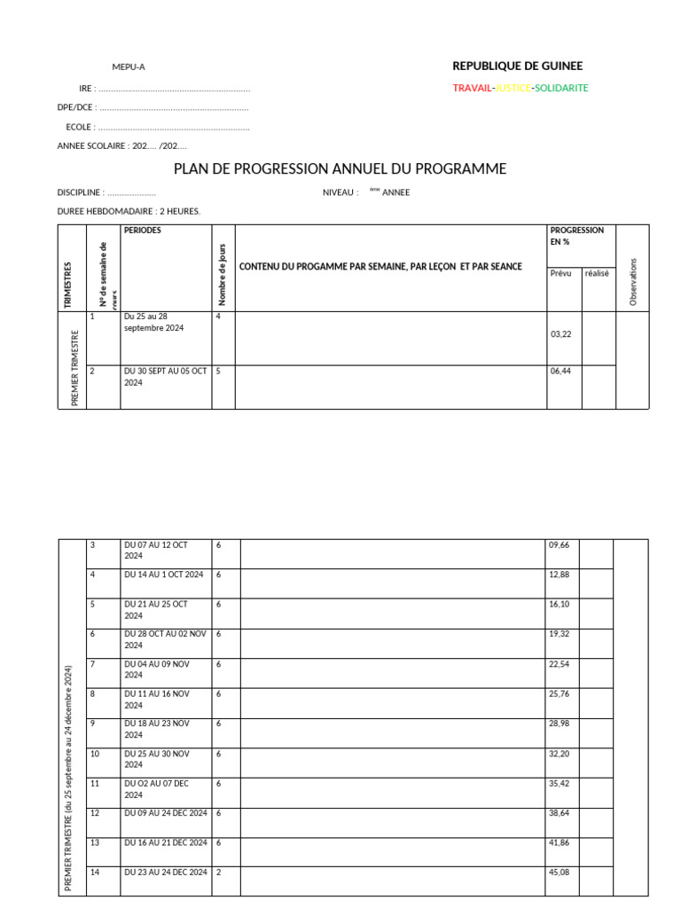 Plan de progression annuel 2024-2025 | PDF