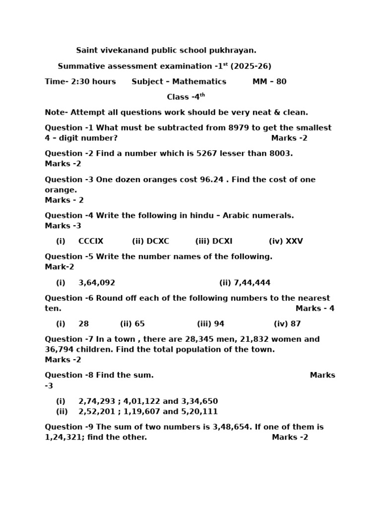 Class - 4th Mathematics Paper | PDF | Summation | Mathematics