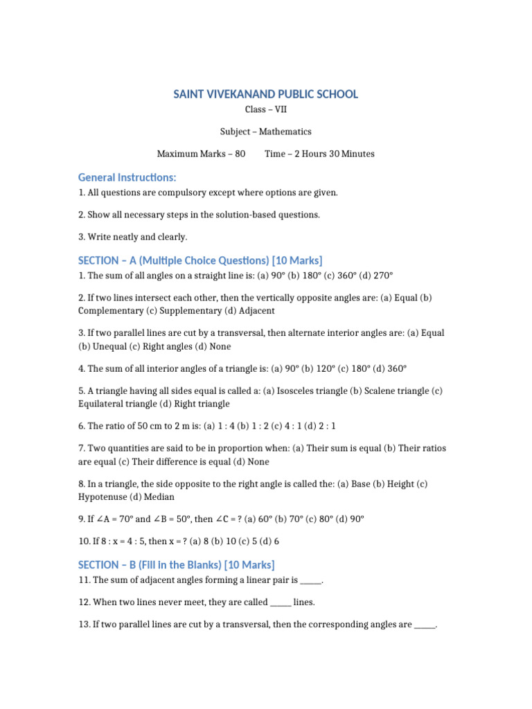 Class VII Mathematics Exam Paper | PDF | Triangle | Angle
